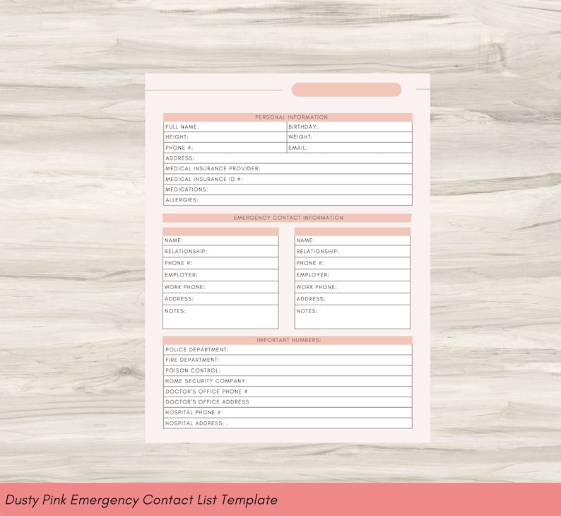 Emergency Contact List: 6 Color Variations (8.5 X 11 PDF) - Etsy
