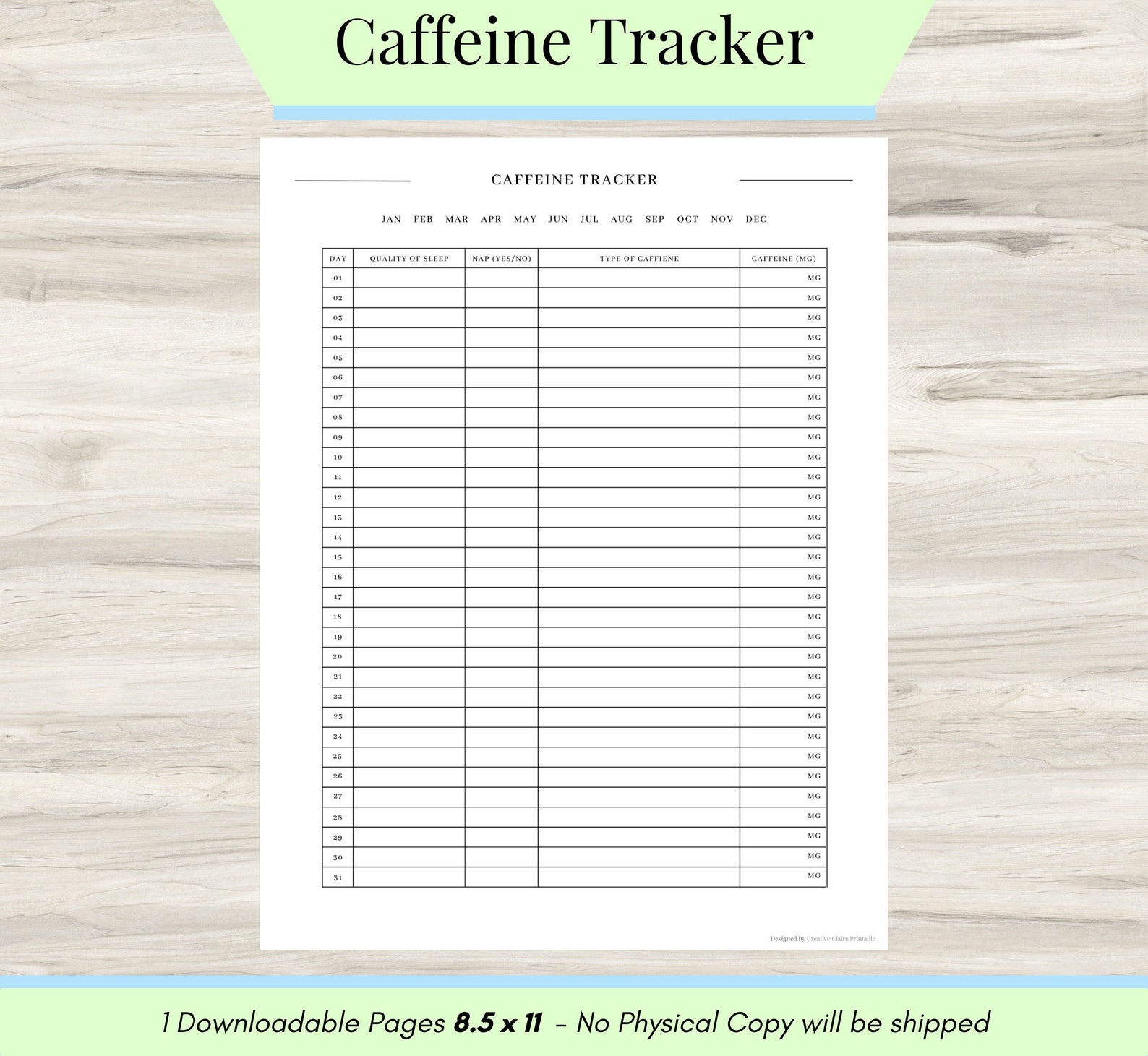 Caffeine Tracker Hydration Log Diet Log Chronic Illness | Etsy