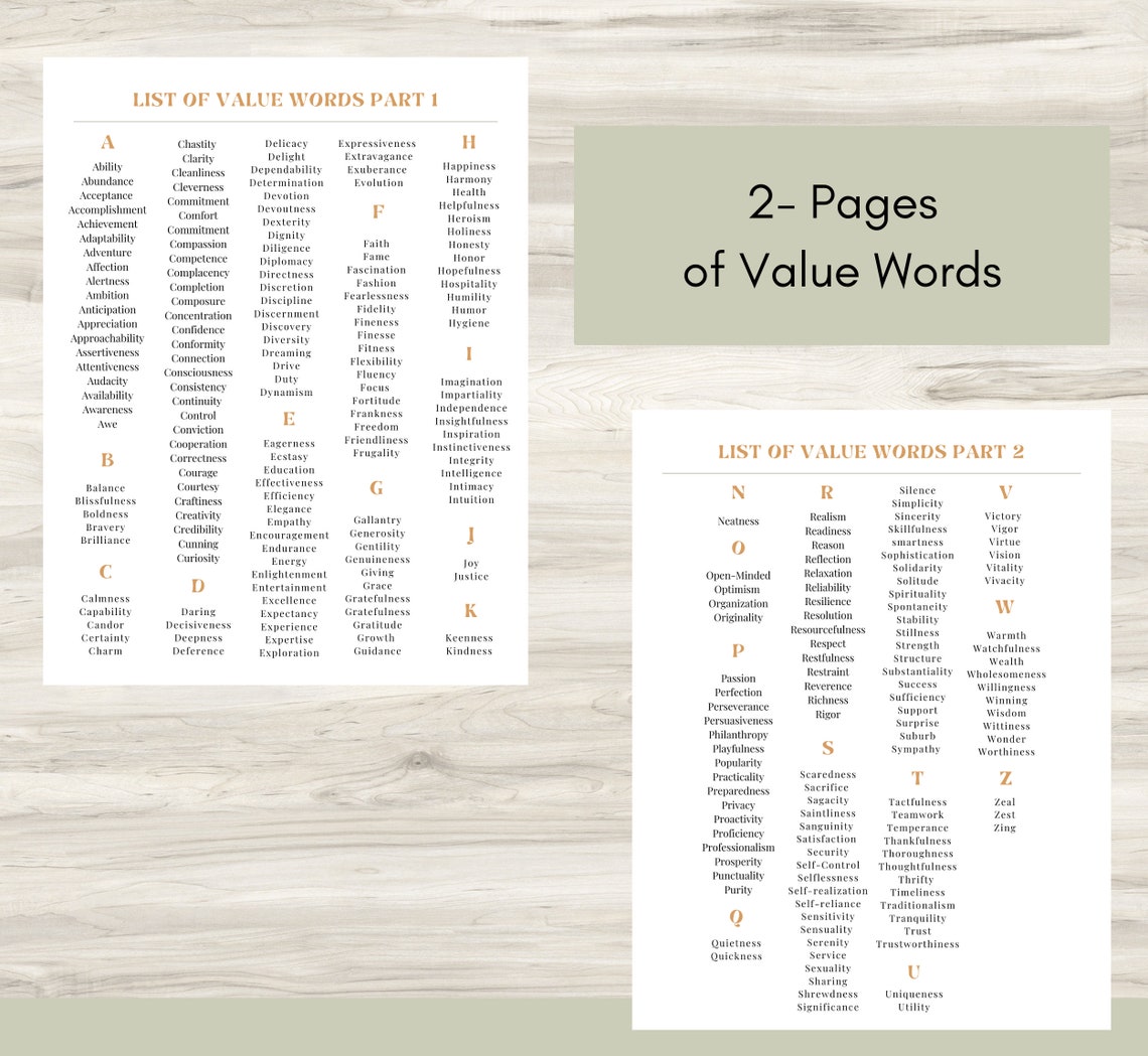 Value Words List: Self-awareness, Therapy Tools (8.5 X 11 PDF) - Etsy