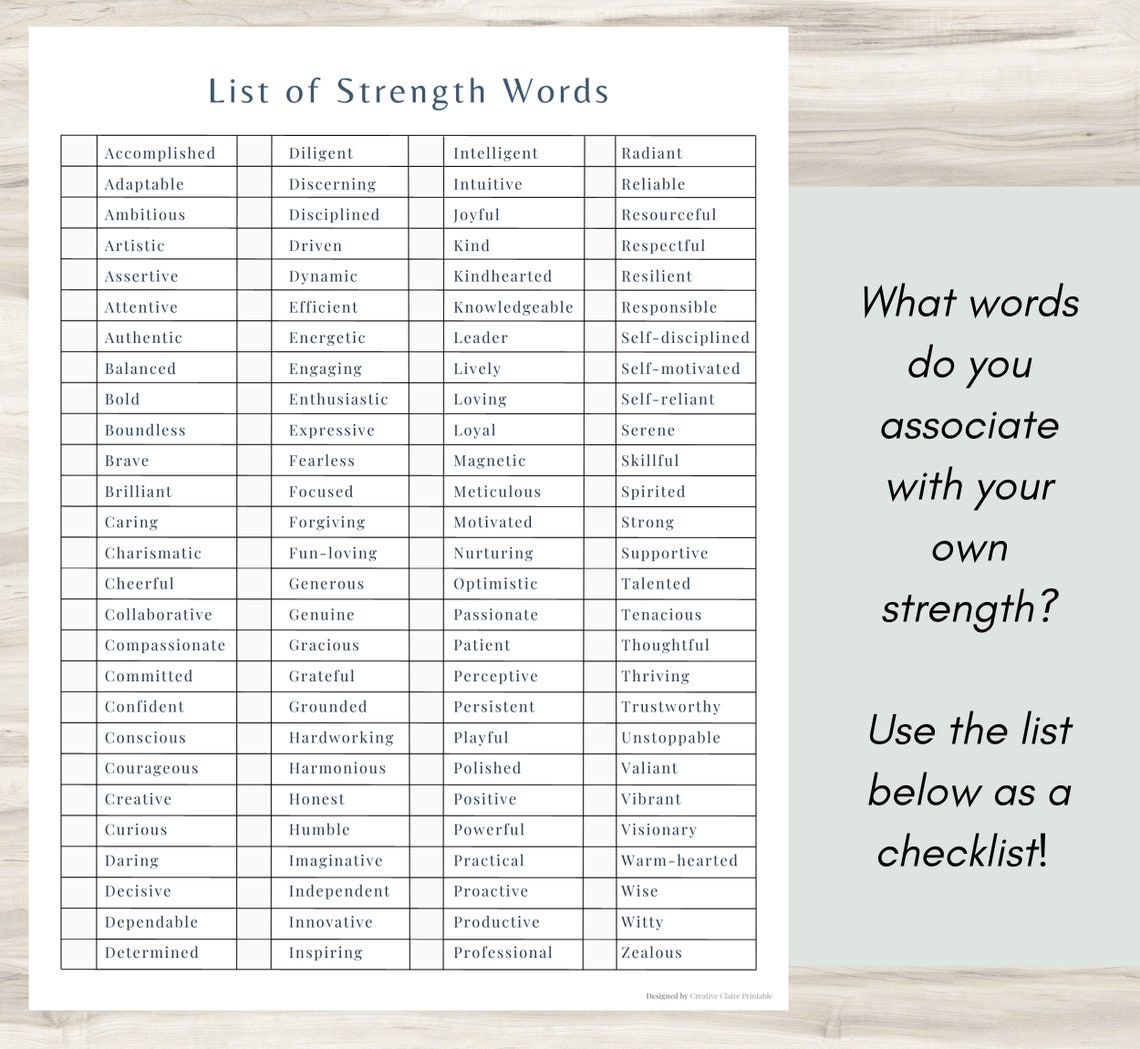Strength Words List: Self-care & Empowerment (PDF) - Etsy