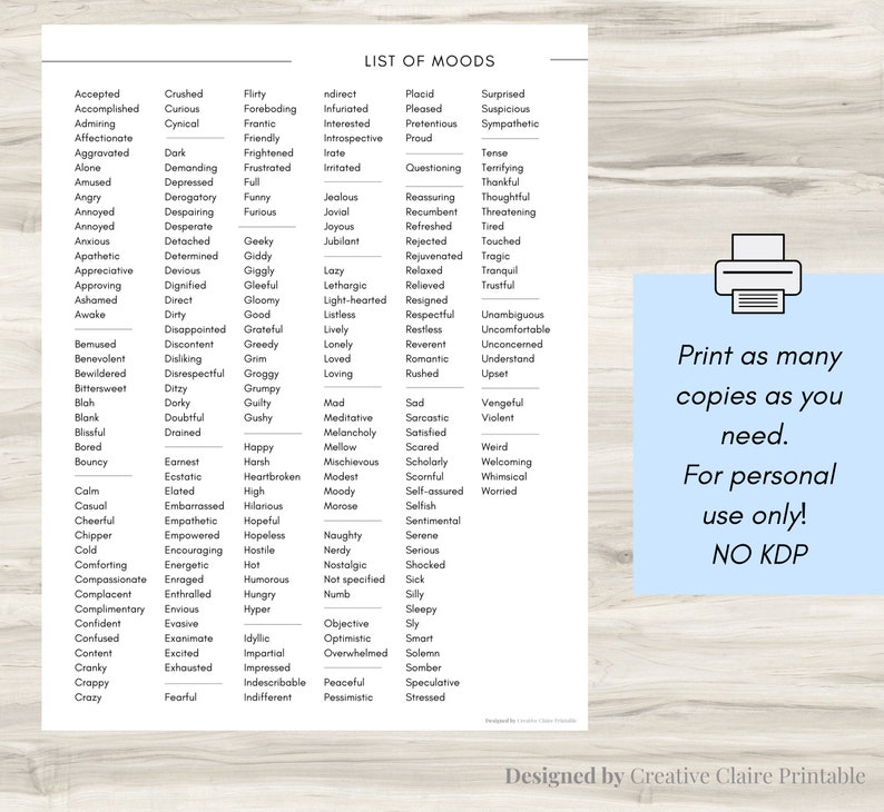 List of Mood Words Emotion Words Mood Tracker Self-care - Etsy