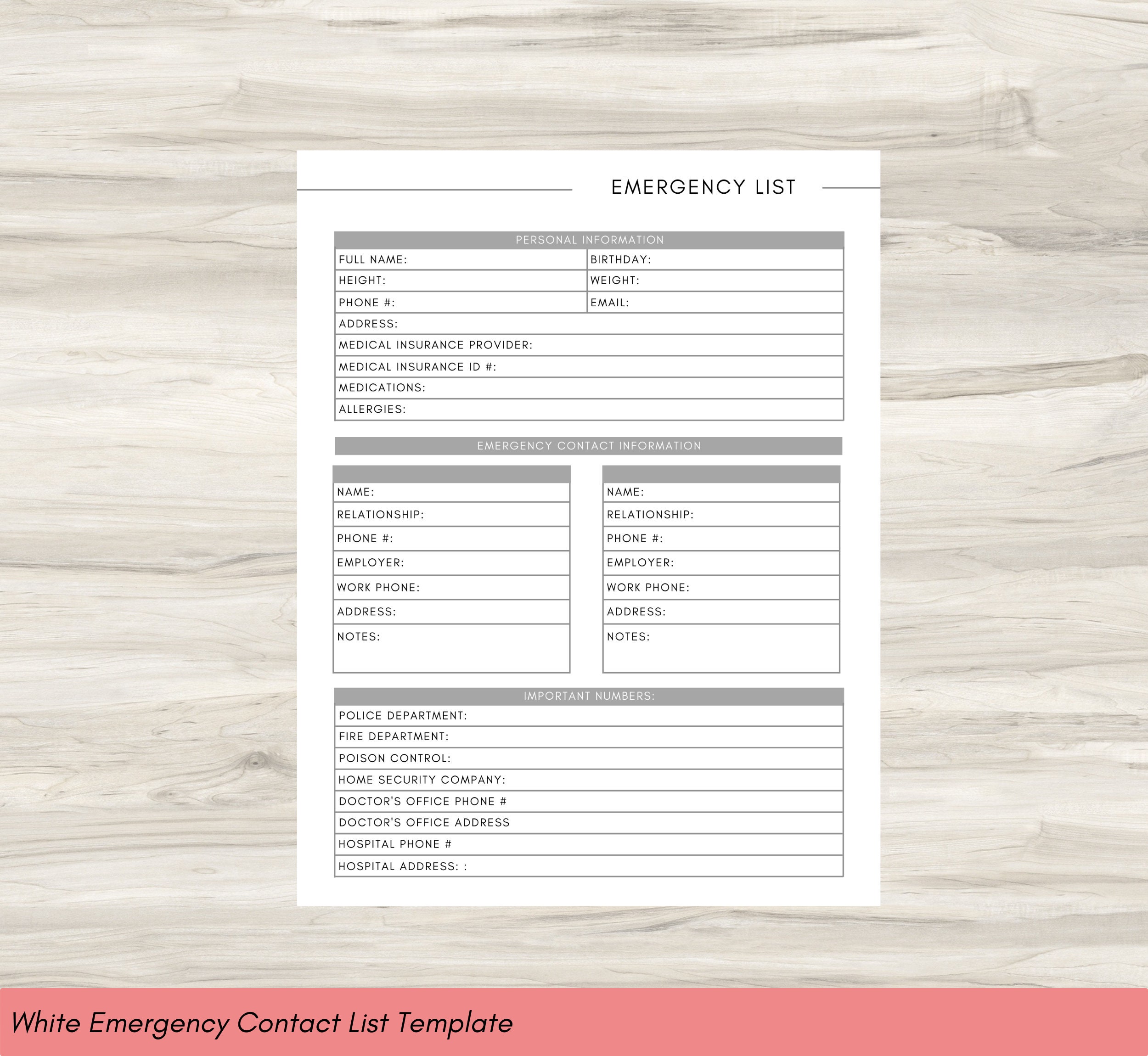 Emergency Contact List Emergency Contact Sheet Emergency Kit | Etsy