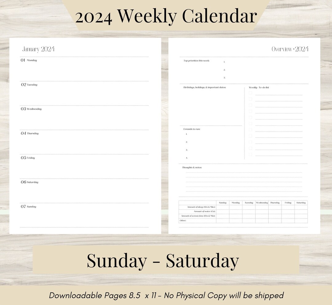 2024 Monday- Sunday Weekly Dated Calendar, 2024 Planner, 2024 Digital ...