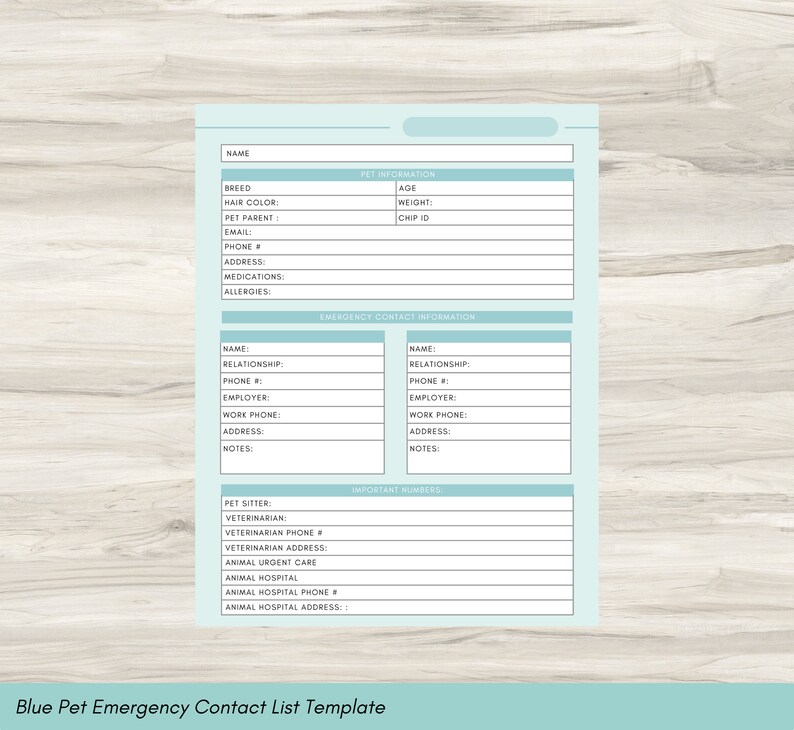 Pet Emergency Contact List Template (digital Download) - Etsy