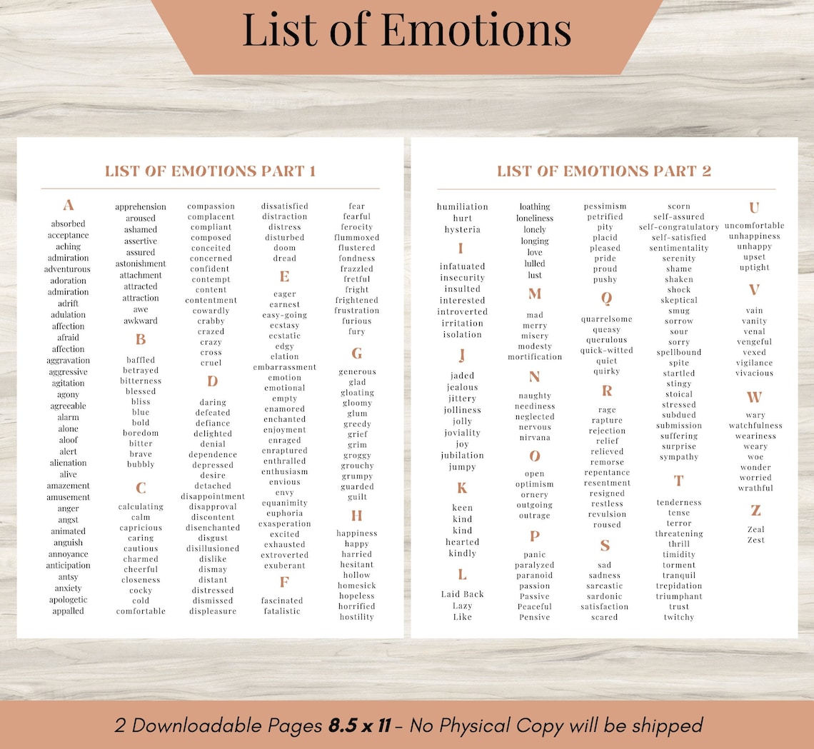 Emotion List Mental Health Emotional Heath Therapy Tool - Etsy