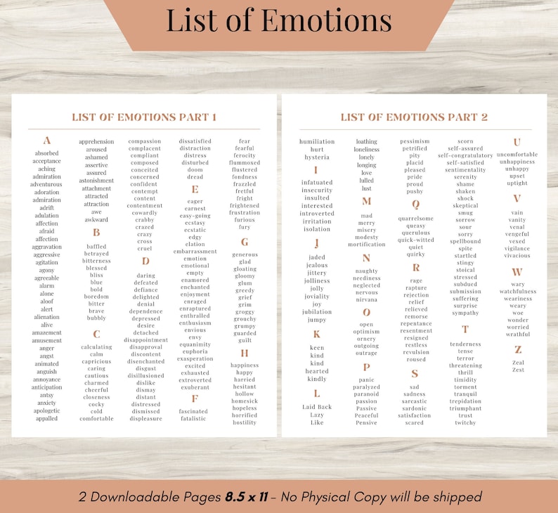 Emotion List Mental Health Emotional Heath Therapy Tool - Etsy