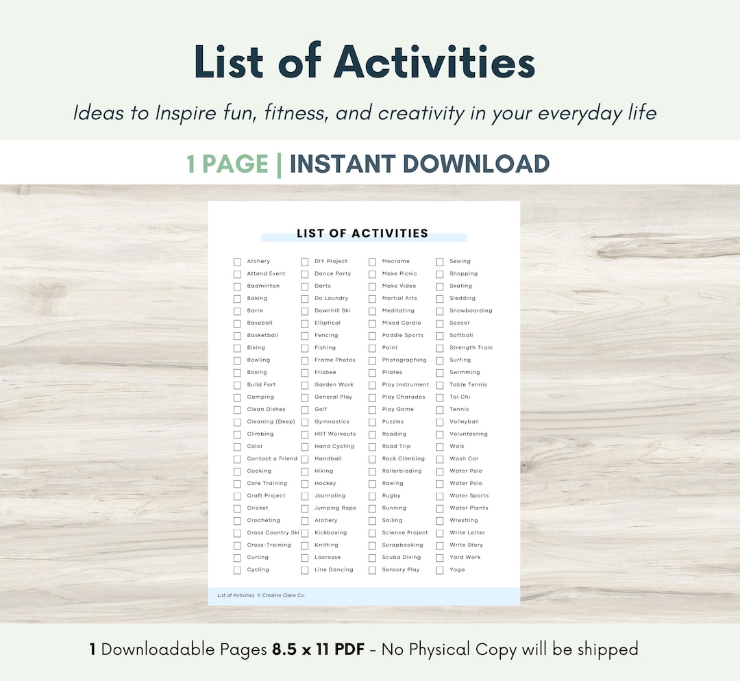 Activity List Worksheet: Fun, Fitness, Hobbies (PDF) - Etsy