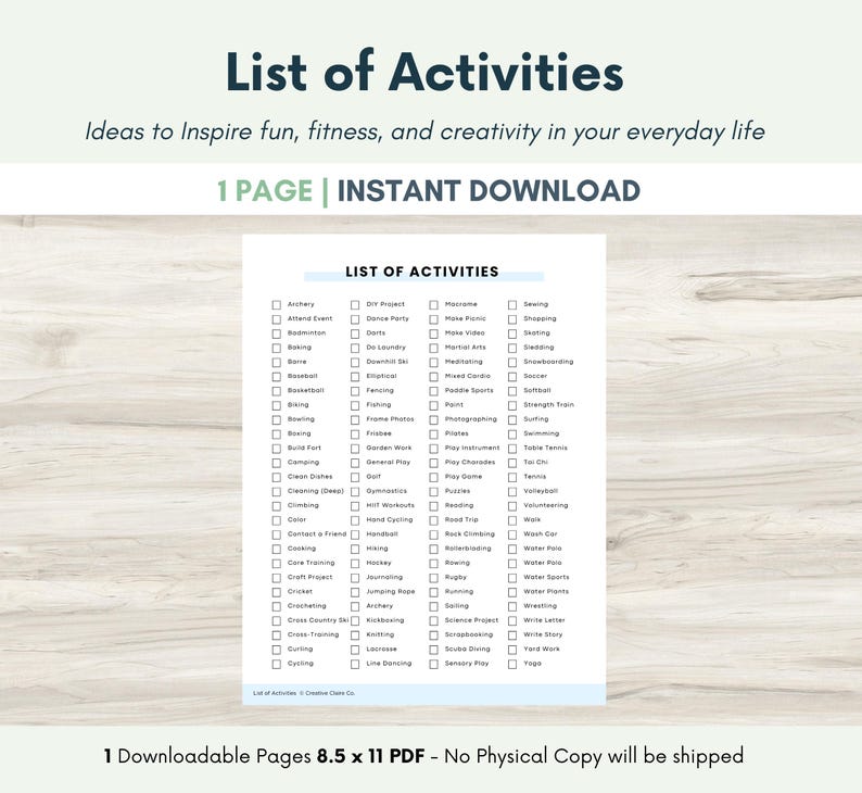 Activity List Worksheet: Fun, Fitness, Hobbies (PDF) - Etsy