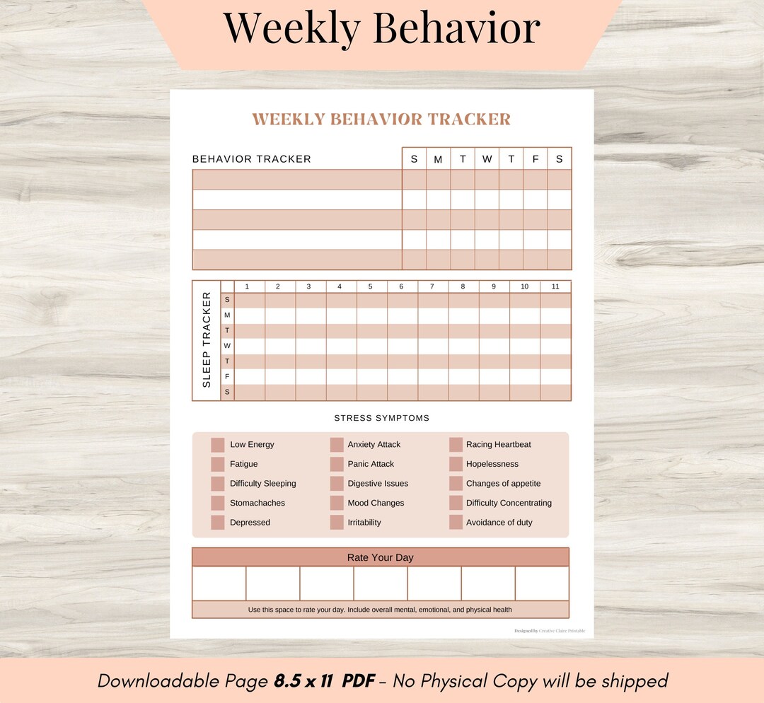 Weekly Behavior Tracker, Sleep Tracker, Stress Symptoms Tracker, and ...
