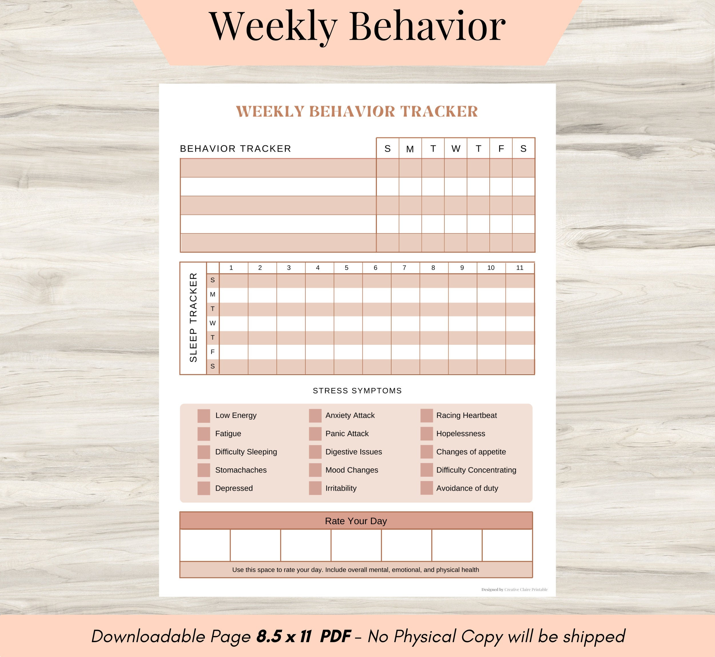 Weekly Behavior Tracker Sleep Tracker Stress Symptoms - Etsy