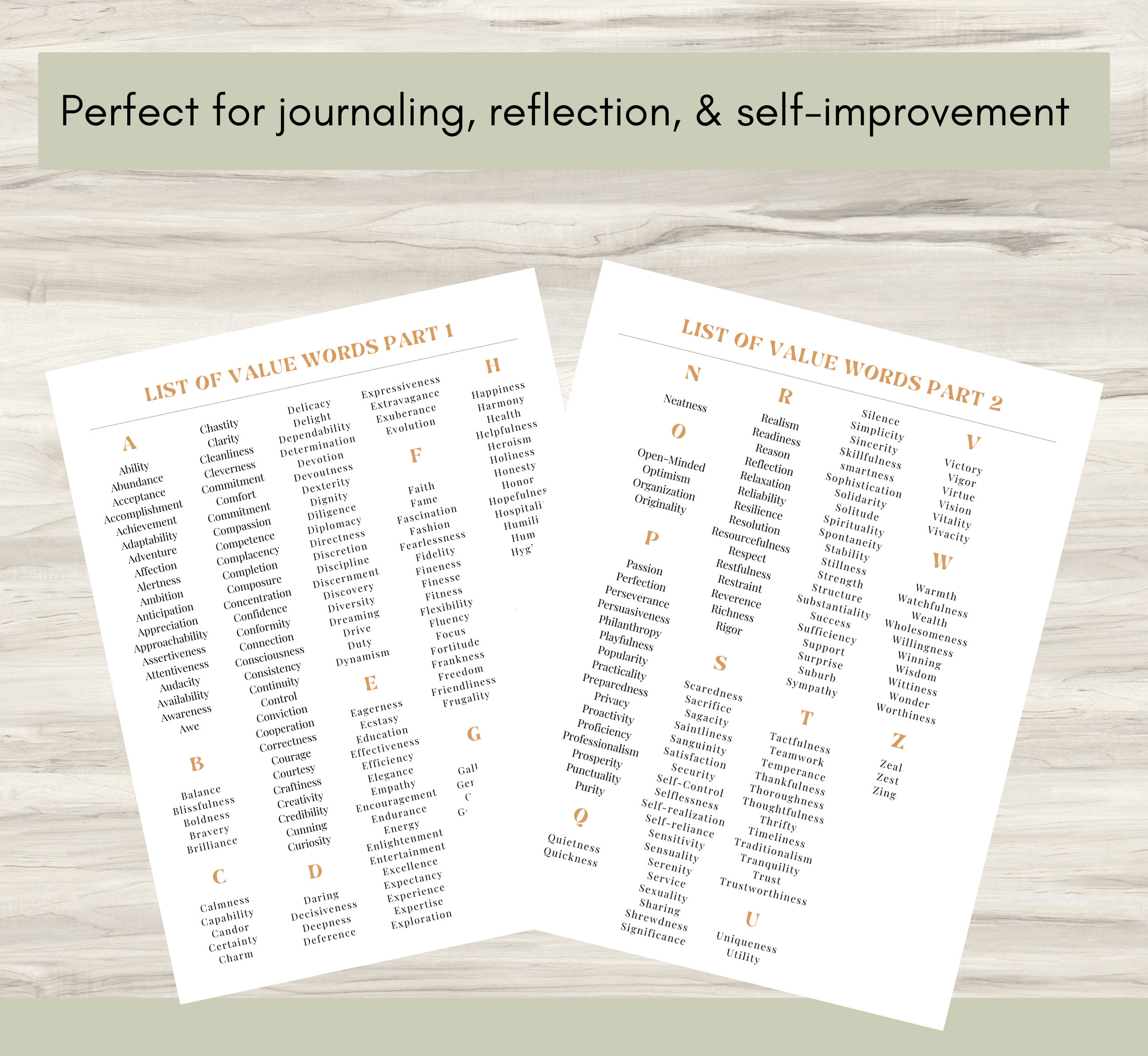 Value Words List Word List Emotion Tools Journaling Tools - Etsy Australia