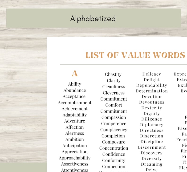 Value Words List: Self-awareness, Therapy Tools (8.5 X 11 PDF) - Etsy
