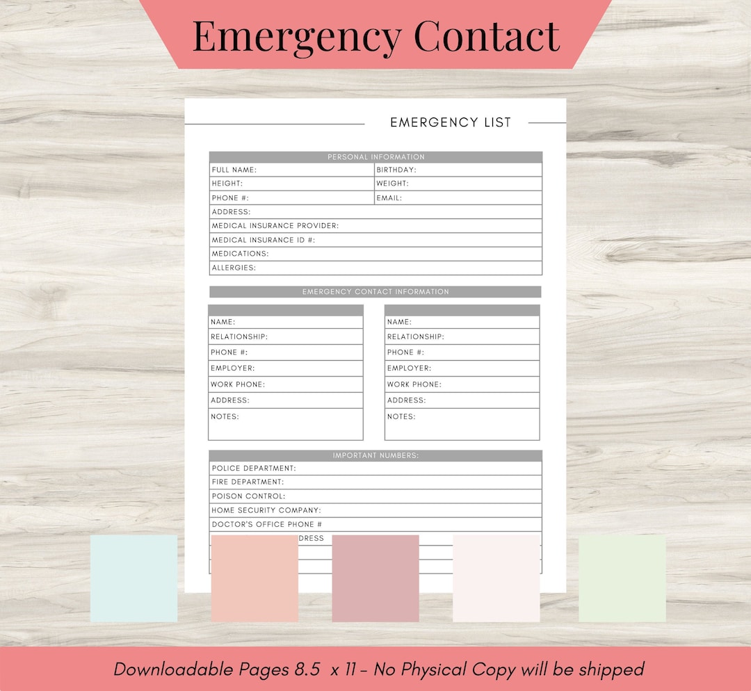 Emergency Contact List, Emergency Contact Sheet, Emergency Kit Template ...