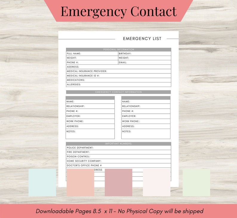 Emergency Contact List Emergency Contact Sheet Emergency Kit - Etsy