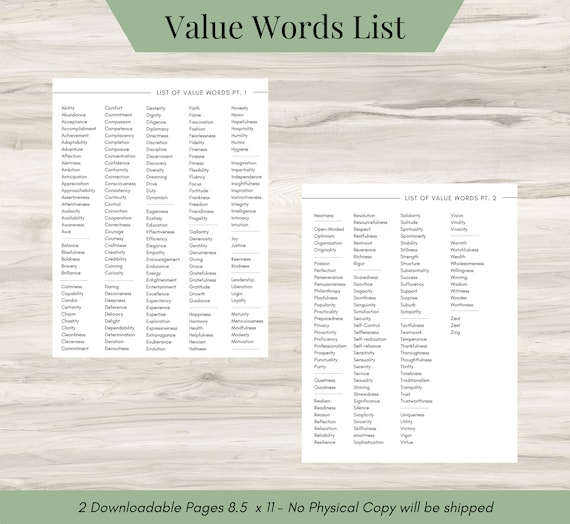 Value Words List Emotions List Mental Health Feelings List - Etsy Canada