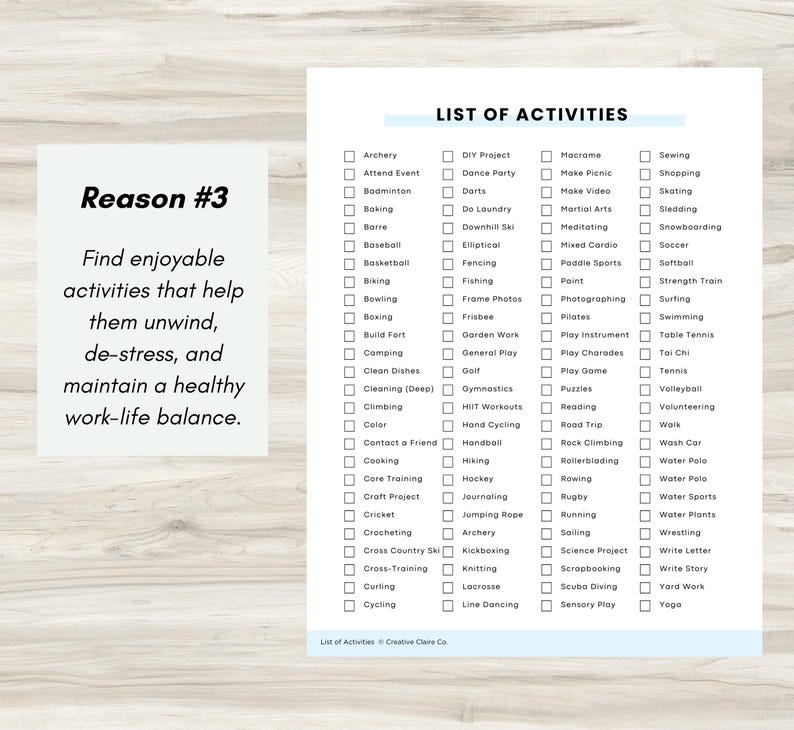 Activity List Worksheet: Fun, Fitness, Hobbies (PDF) - Etsy