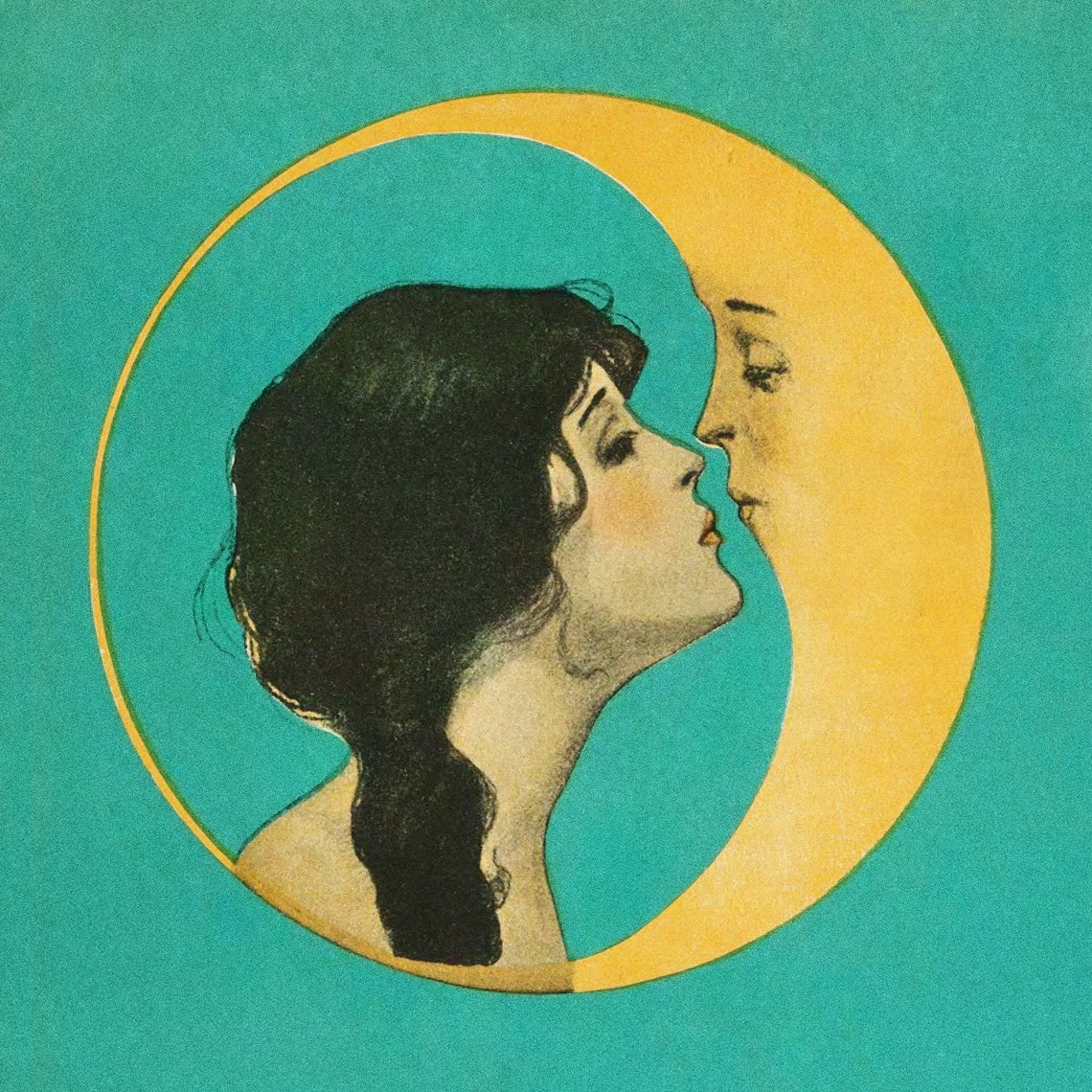 Vintage Woman Kissing Moon Art Print, Girl Moon, Art Nouveau, Art Deco ...