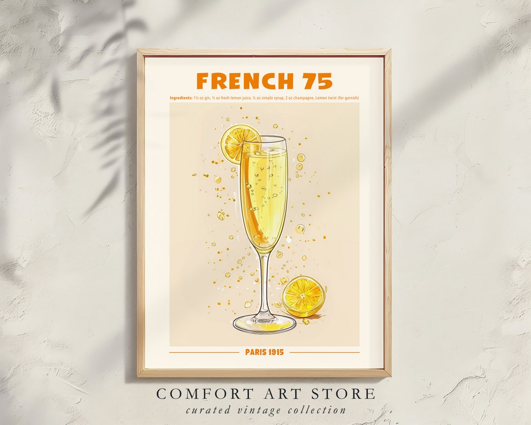 French 75 Cocktail Print. Classic Alcohol Cocktail Sign. Home Bar Cart ...