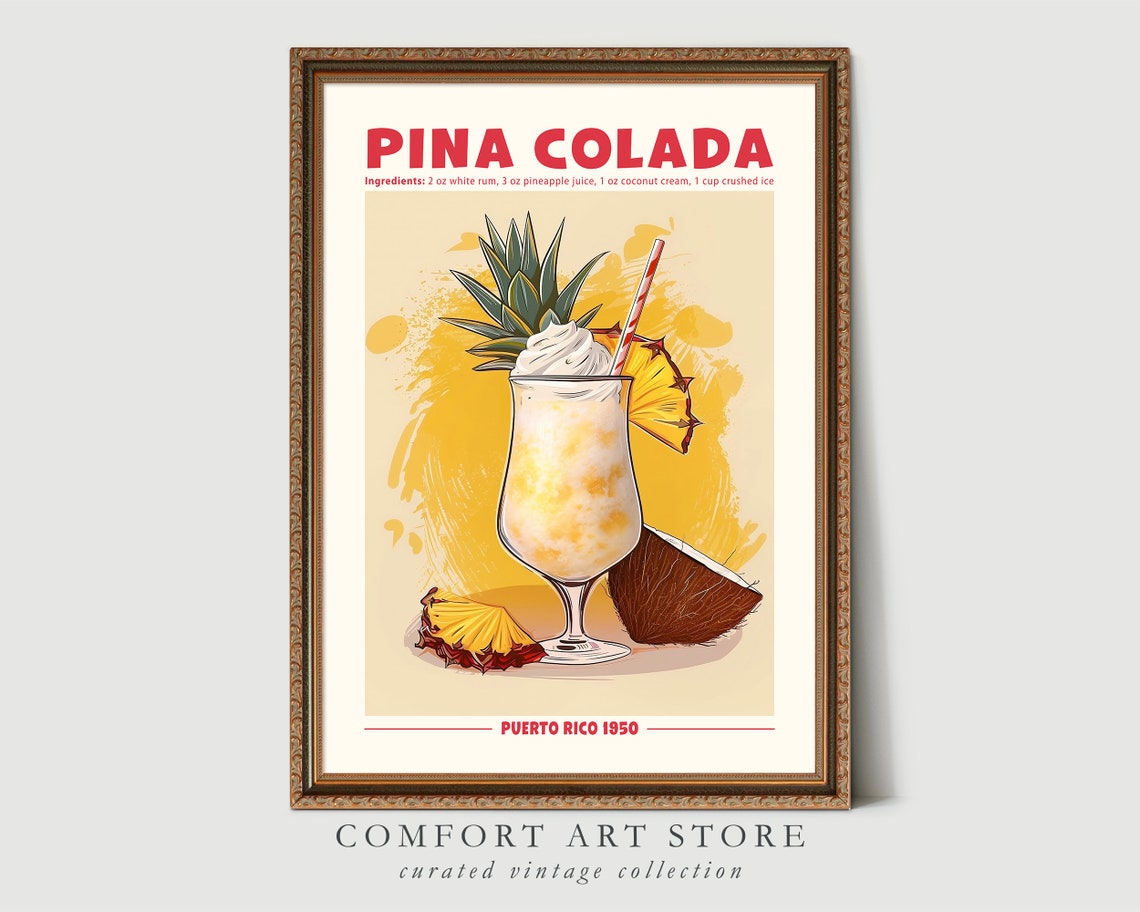 Pina Colada Cocktail Print. Classic Alcohol Cocktail Retro Cocktail ...