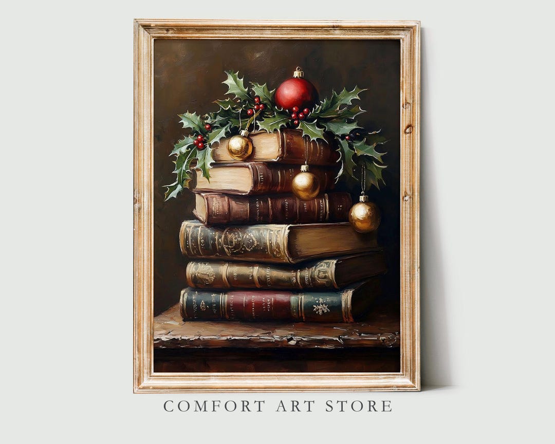 Vintage Christmas Book Stack Painting Wall Art Print Winter Dark Academia Christmas Decor ...
