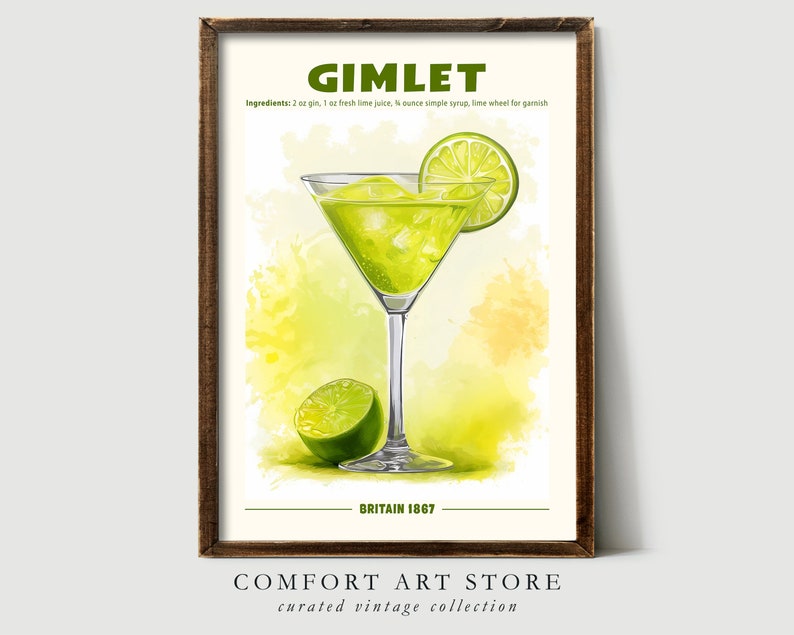 Gimlet Cocktail Print. Classic Alcohol Cocktail Sign. Home Bar Cart ...