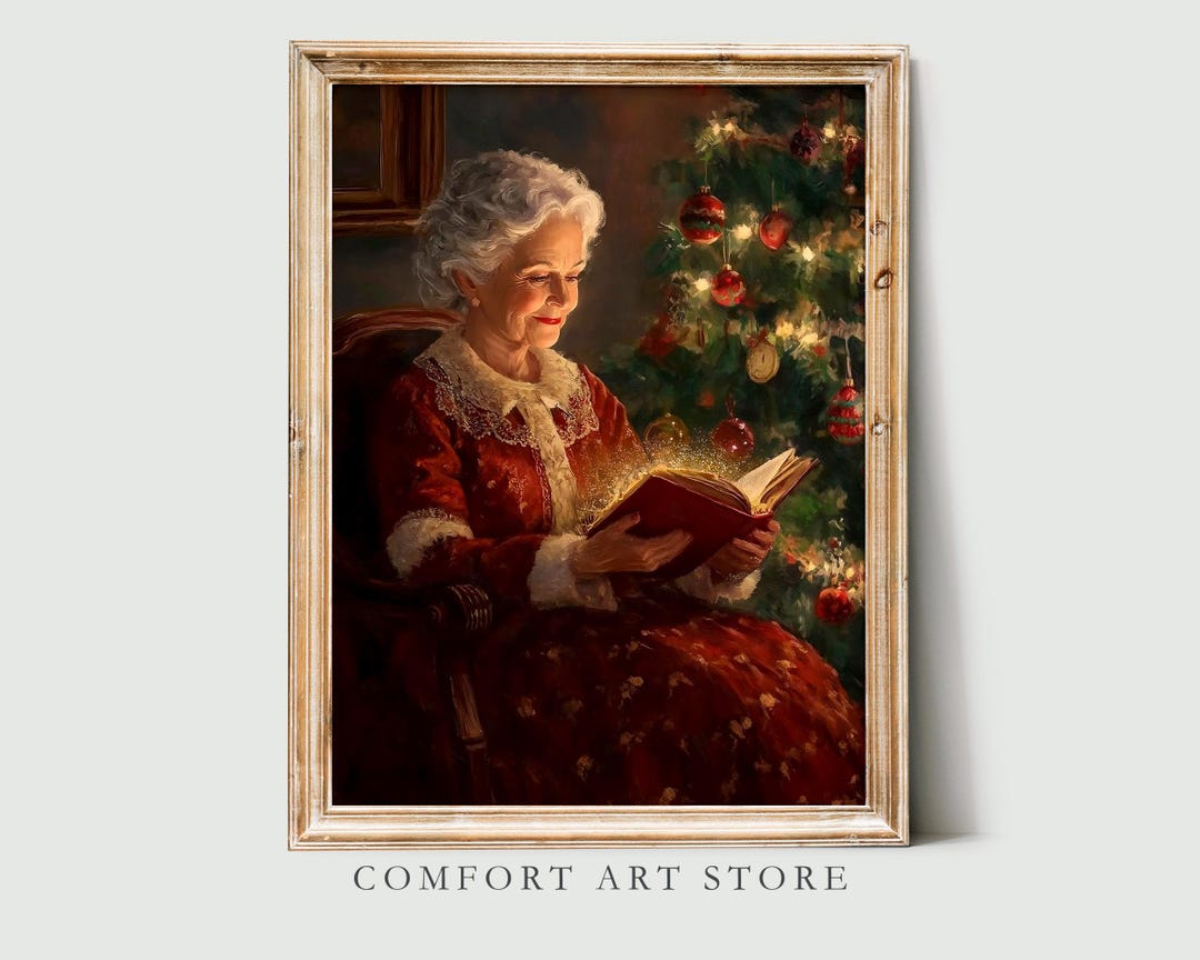 Christmas Wall Art, Mrs Claus Reading Book, Vintage Holiday, Dark ...