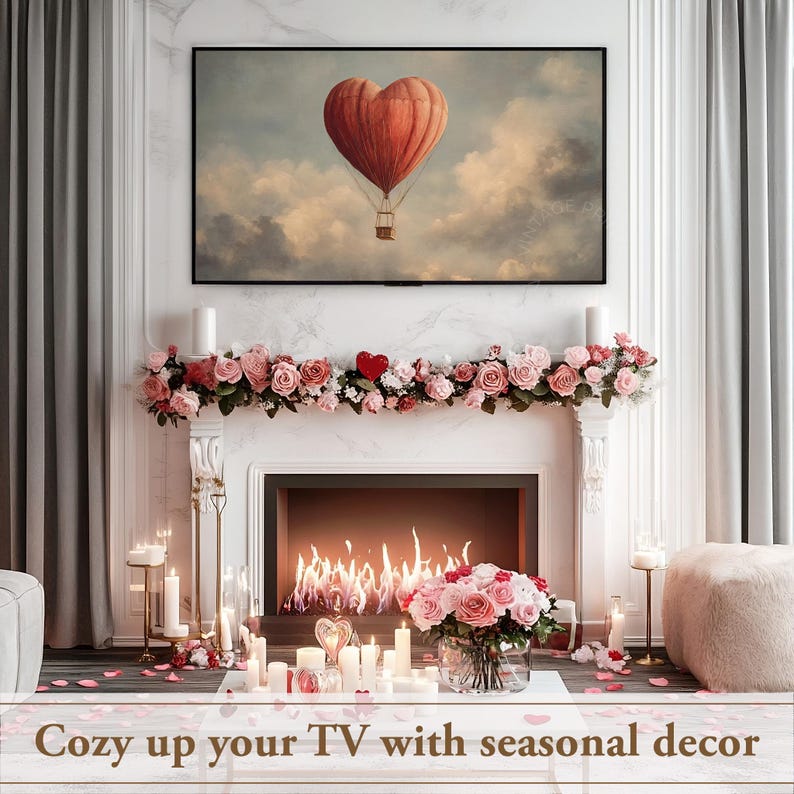 Valentines Day Frame TV Art Heart Hot Air Balloon Antique Love Romantic ...