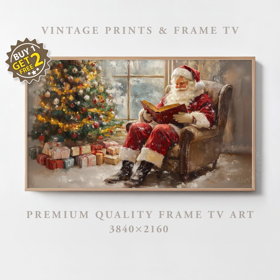 Christmas Frame TV Art Vintage Santa Claus Santa Painting Santa Reading ...