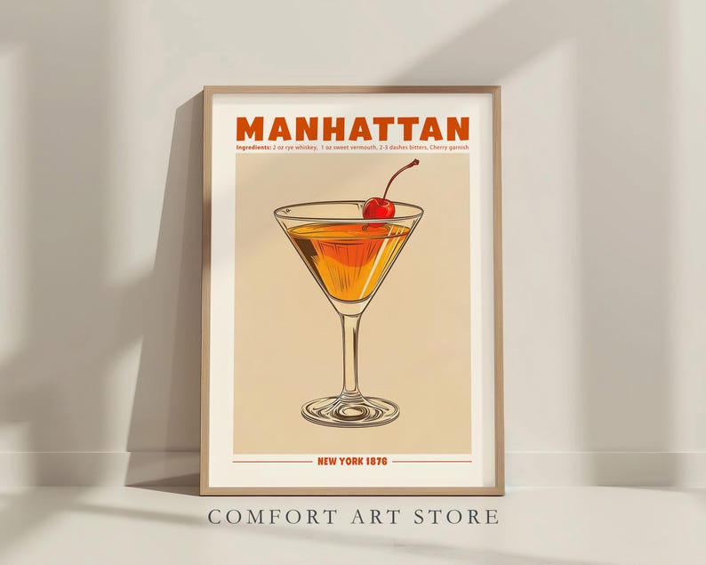 Manhattan Cocktail Print Cocktail Poster Alcohol Cocktail Manhattan ...