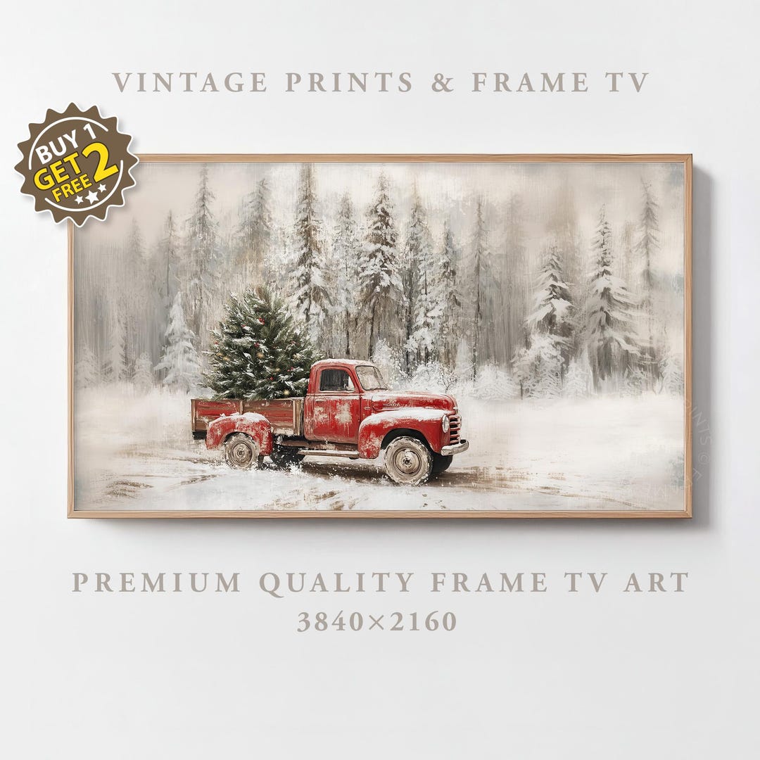 Christmas Frame TV Art Vintage Red Truck With Christmas Tree Pine Trees ...