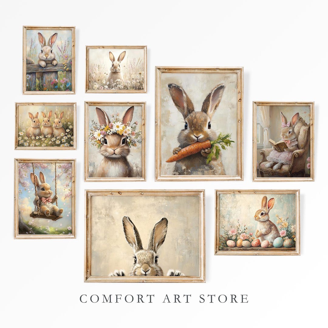 Easter Wall Art Set of 9 Print Cute Easter Bunny Print Spring Flower ...