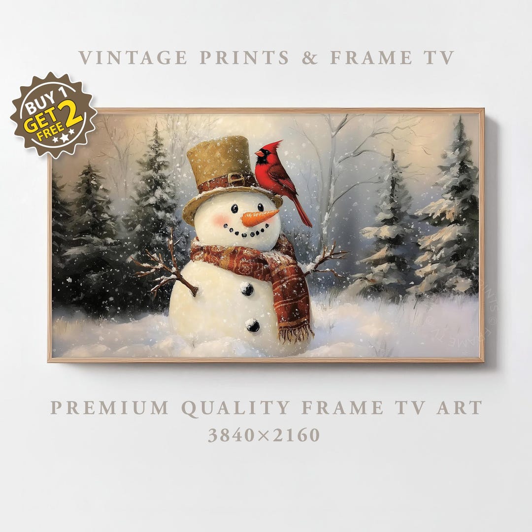 Vintage Christmas Frame TV Art Snowman Carrot Nose Red Cardinal Holiday ...