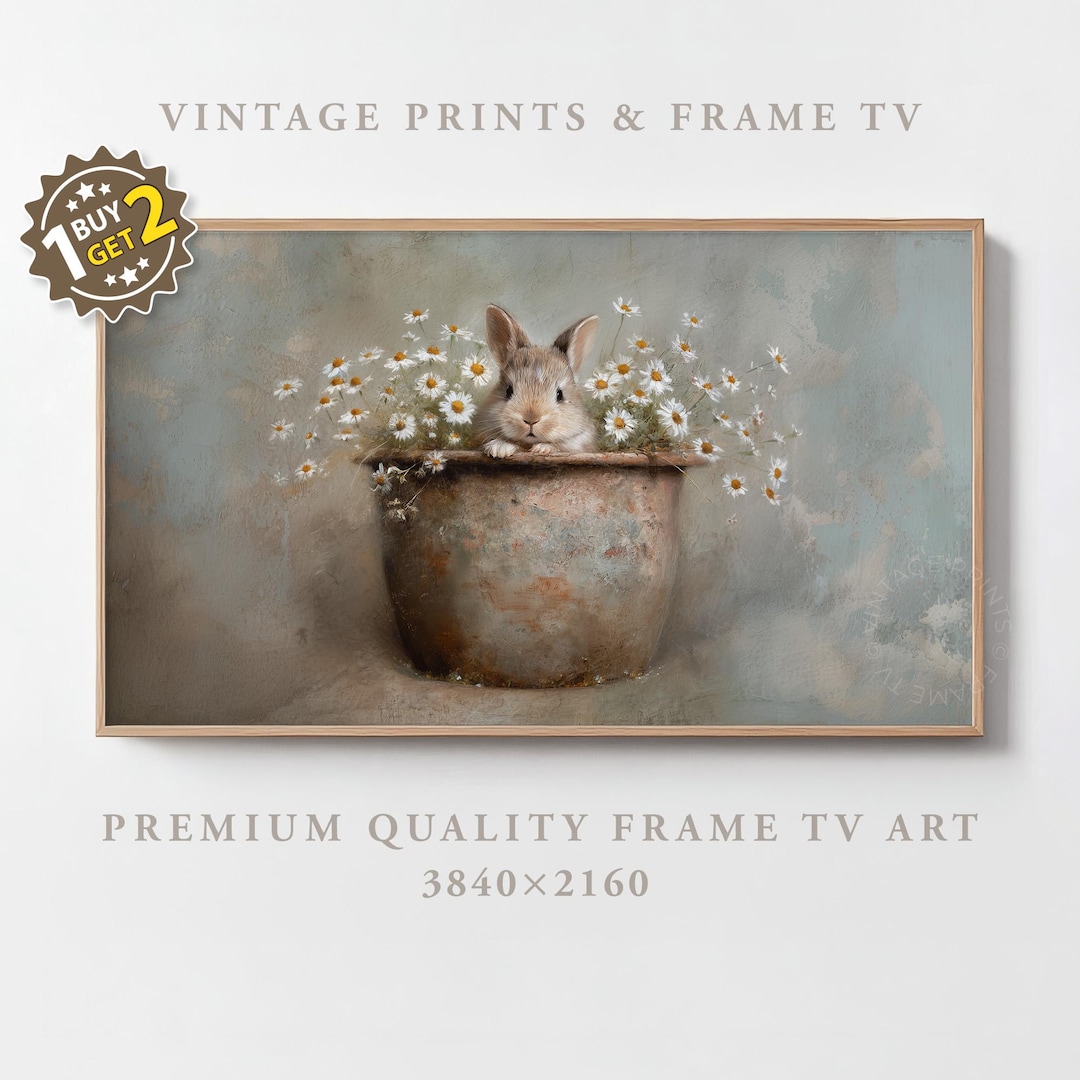 Vintage Easter Bunny in Clay Pot With Daisies Frame TV Art Vintage Oil ...
