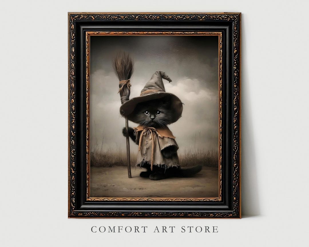 Halloween PRINTABLE Wall Art Vintage Witchy Black Cat Print Witch Hats ...