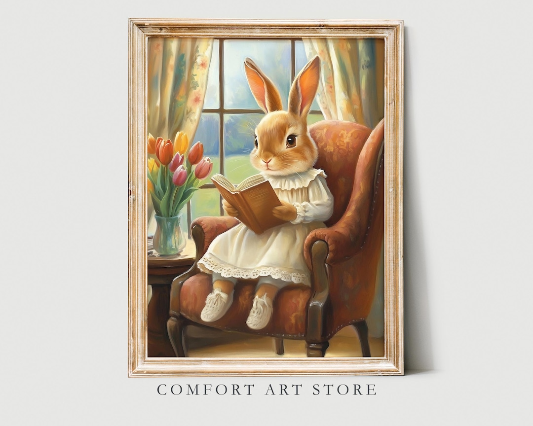 Easter Bunny Reading Book Vintage Print: Cottagecore Nursery Decor ...