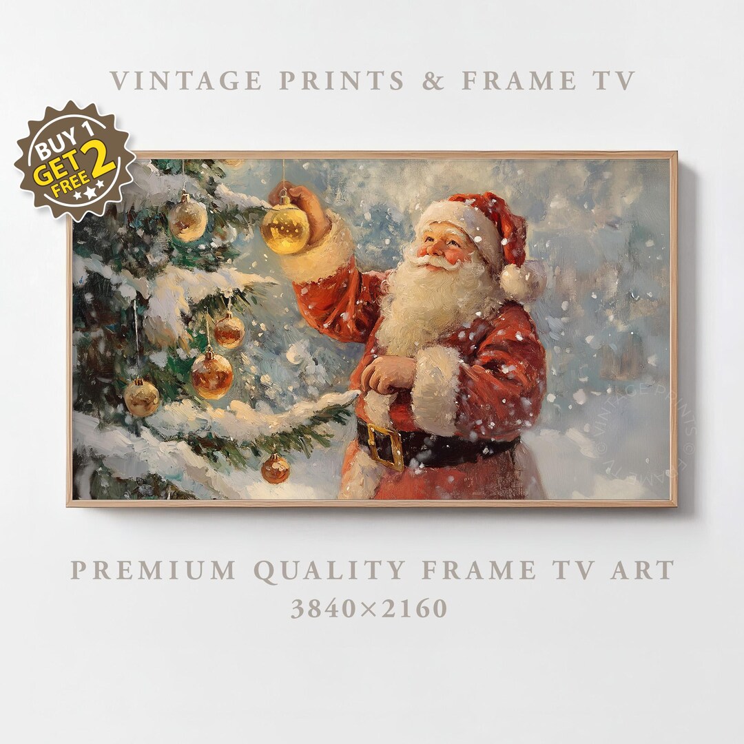 Vintage Christmas Frame TV Art Santa Claus Decorating Christmas Tree ...