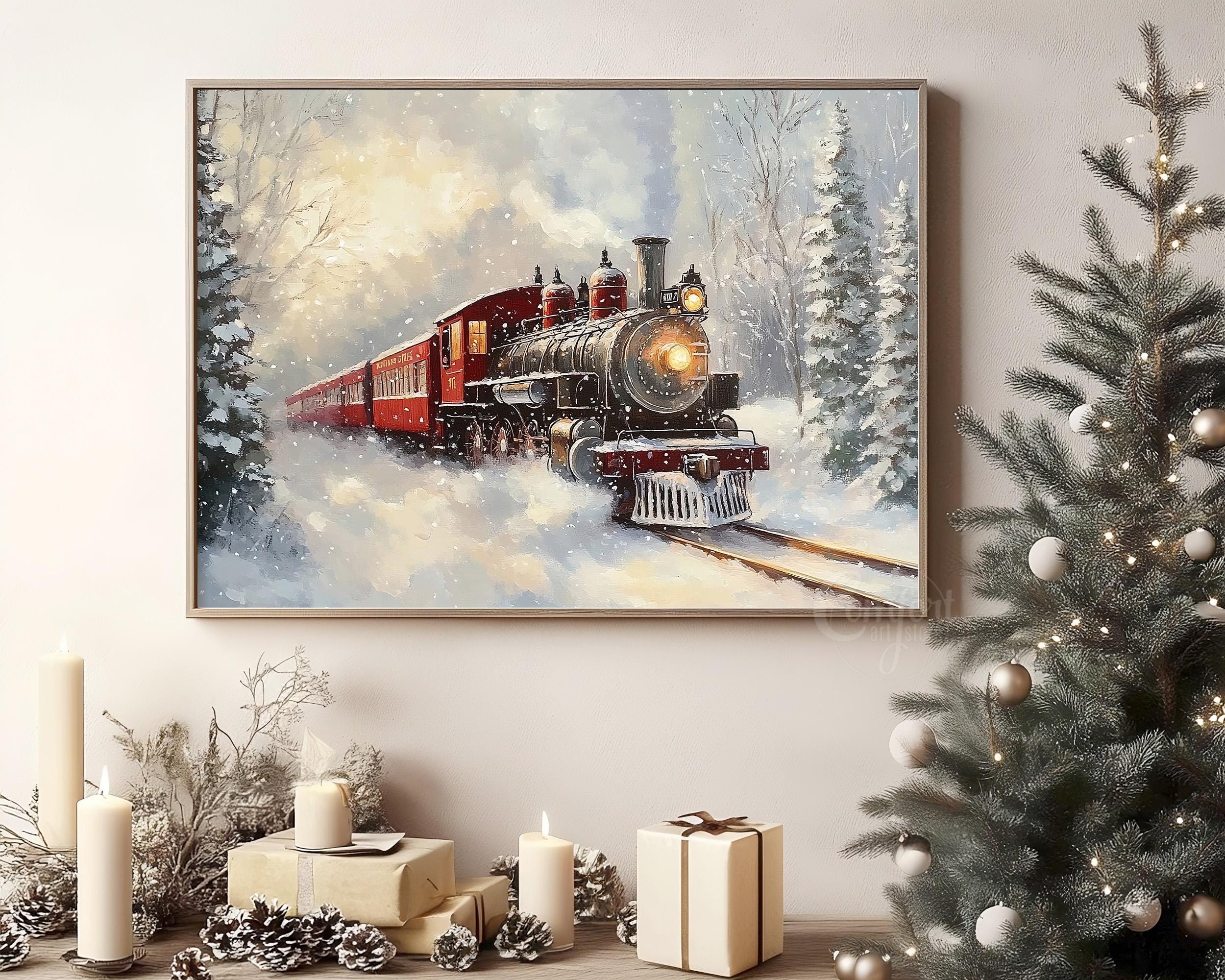 Christmas Train Wall Art Antique Red Steam Train Vintage Winter Holiday ...