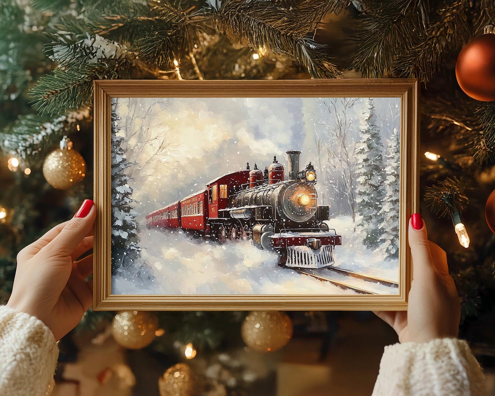 Christmas Train Wall Art Antique Red Steam Train Vintage Winter Holiday ...