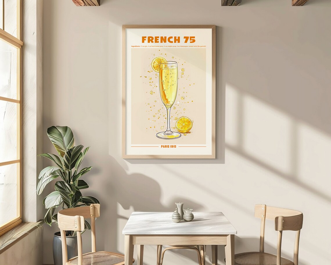 French 75 Cocktail Print. Classic Alcohol Cocktail Sign. Home Bar Cart ...