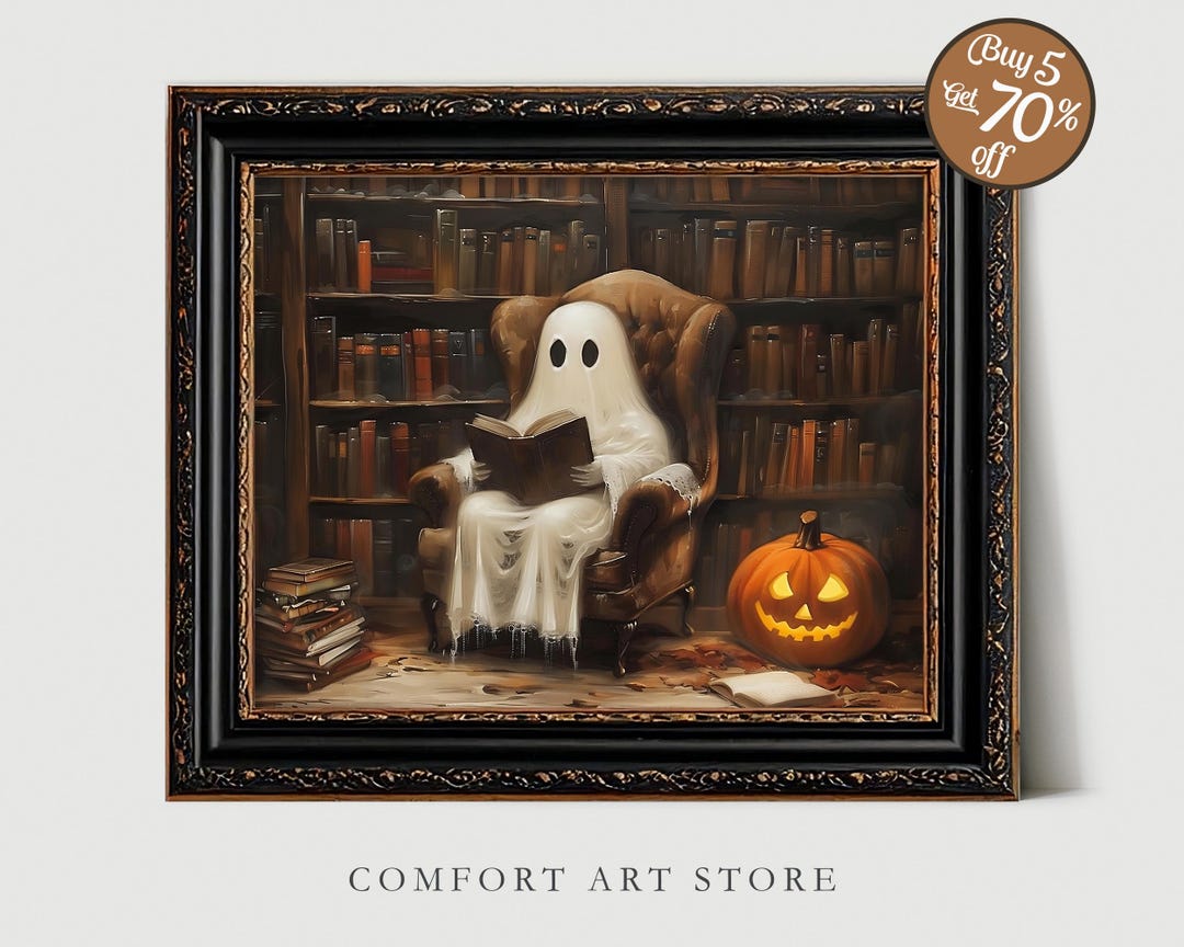 Halloween Cute Ghost Reading Book Print Vintage Gothic Printable Wall ...