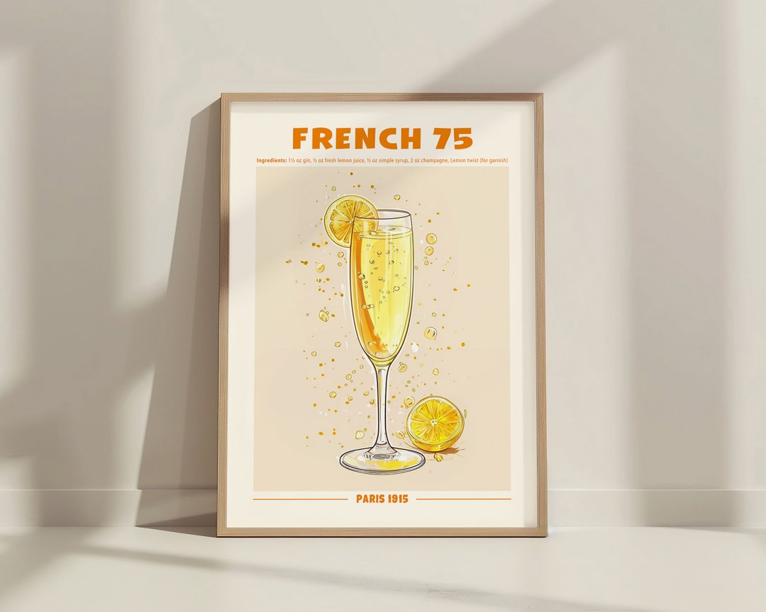 French 75 Cocktail Print. Classic Alcohol Cocktail Sign. Home Bar Cart ...