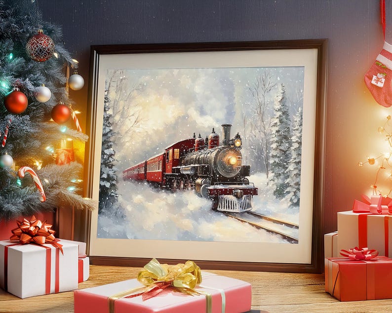 Christmas Train Wall Art Antique Red Steam Train Vintage Winter Holiday ...