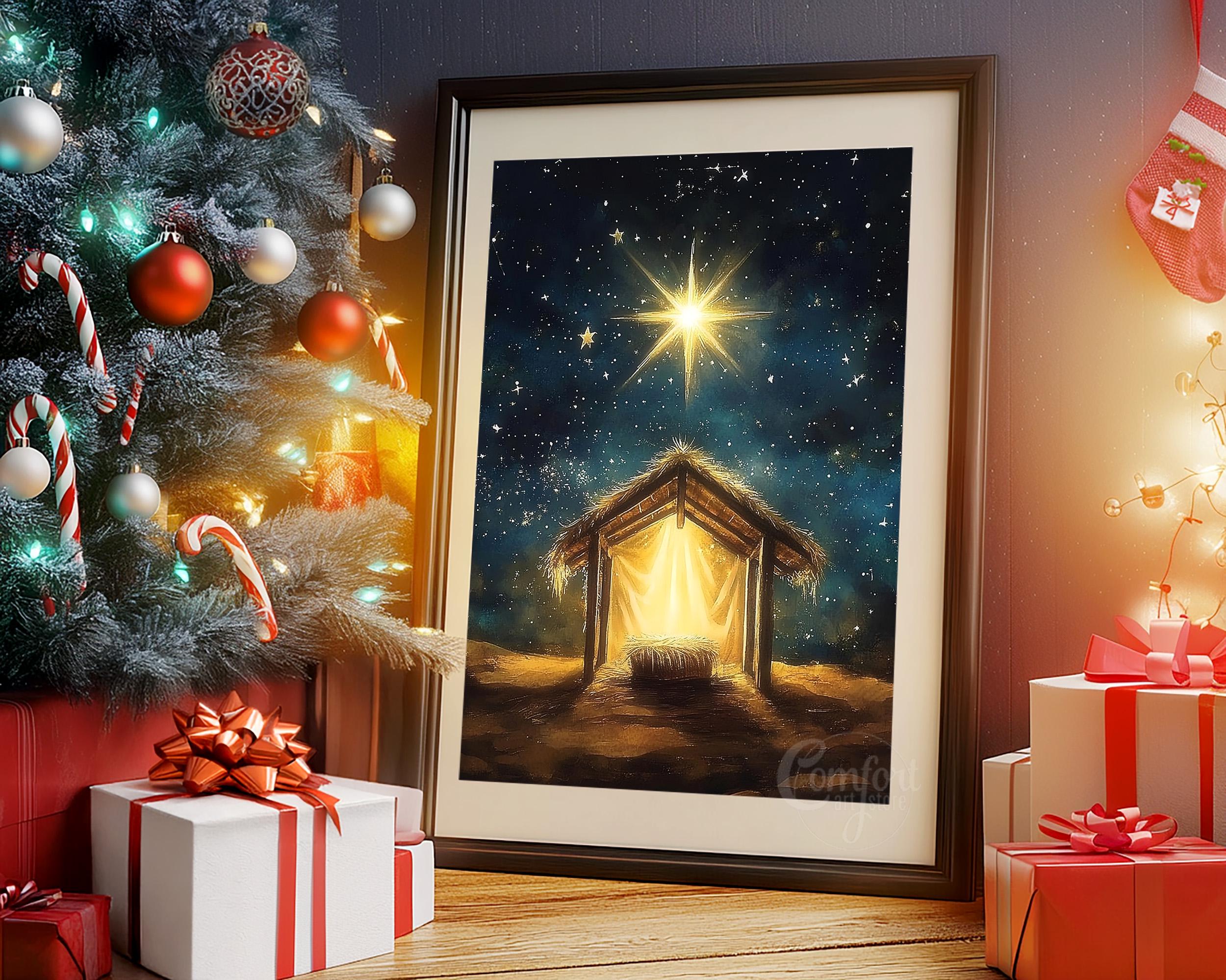 Nativity Scene Wall Art Holy Night Print Vintage Christmas Manger Star ...