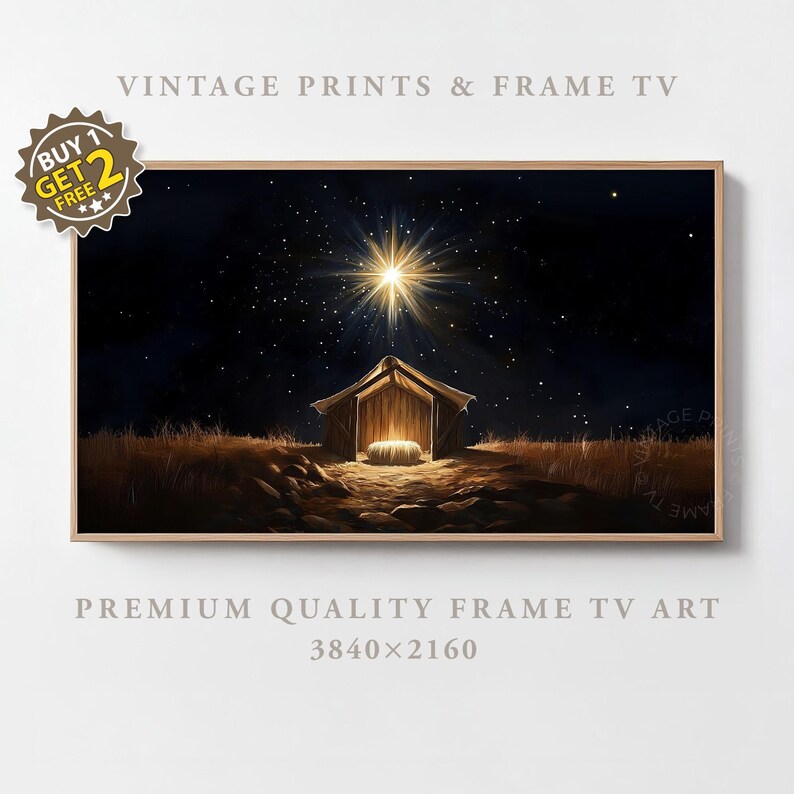 Christmas Frame TV Art Nativity Scene Holy Night Vintage Christmas ...
