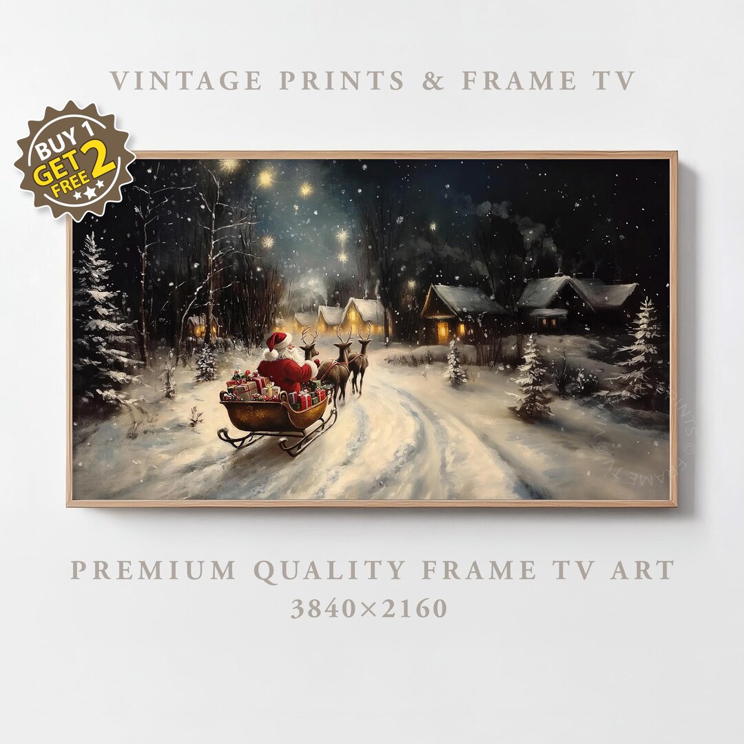Christmas Santa Claus Sleigh With Reindeer Vintage Christmas Frame TV ...