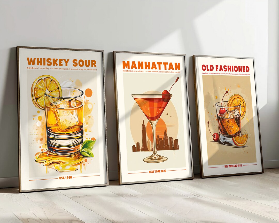 Cocktail Print Set of 3 Retro Exhibition Poster Whiskey Sour Manhattan ...