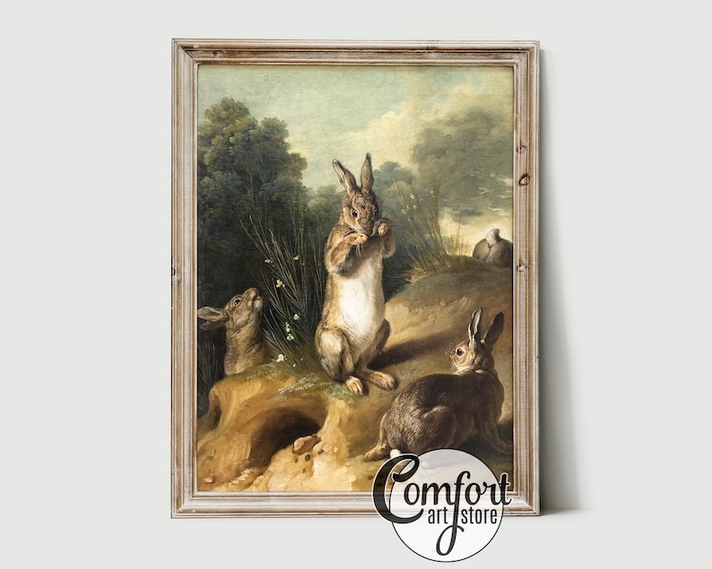 Vintage Wall Art Animal Scenery Rabbit Painting Rustic - Etsy