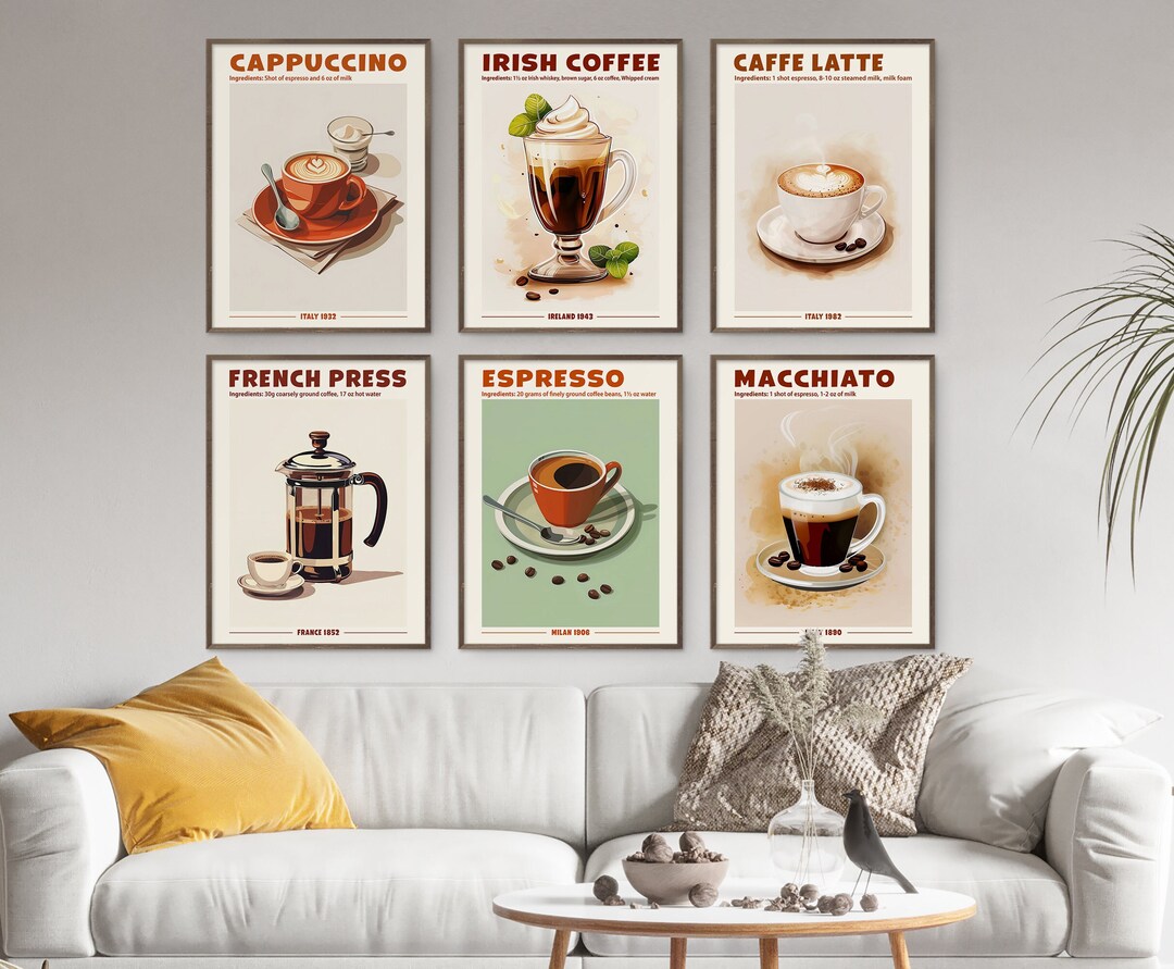 Coffee Print Set of 6 Retro Poster Cappuccino Irish Coffee Caffe Latte ...