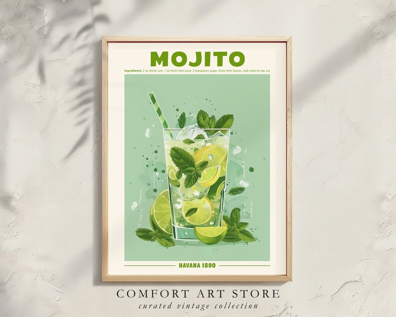 Mojito Cocktail Print. Classic Alcohol Cocktail. Retro Cocktail ...