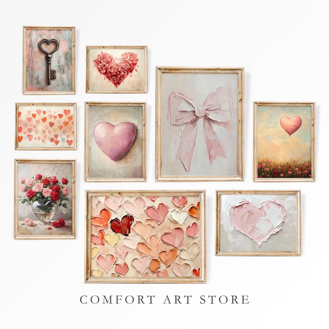 Valentine's Day Wall Art Set of 9, Vintage Valentines Prints ...